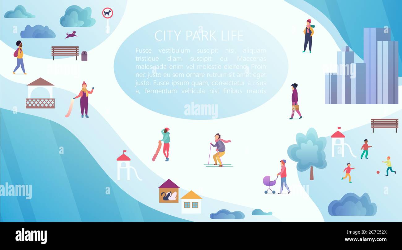People walking, resting and playing in the winter park. Cartoon top ...