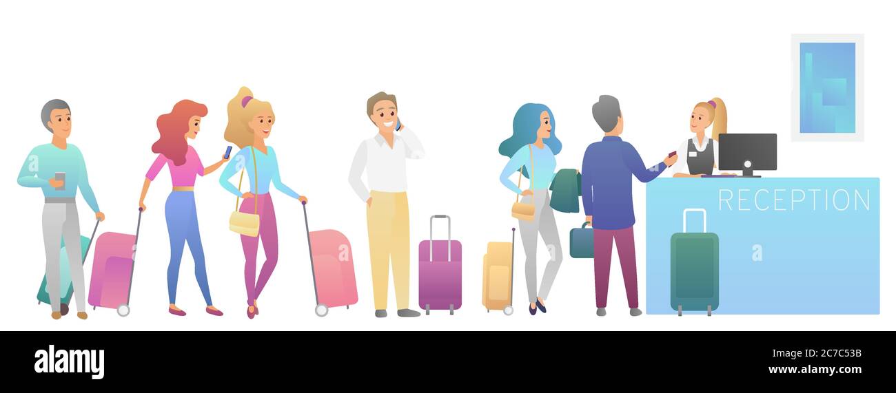 People staying and waiting in long queue at counter reception vector ...