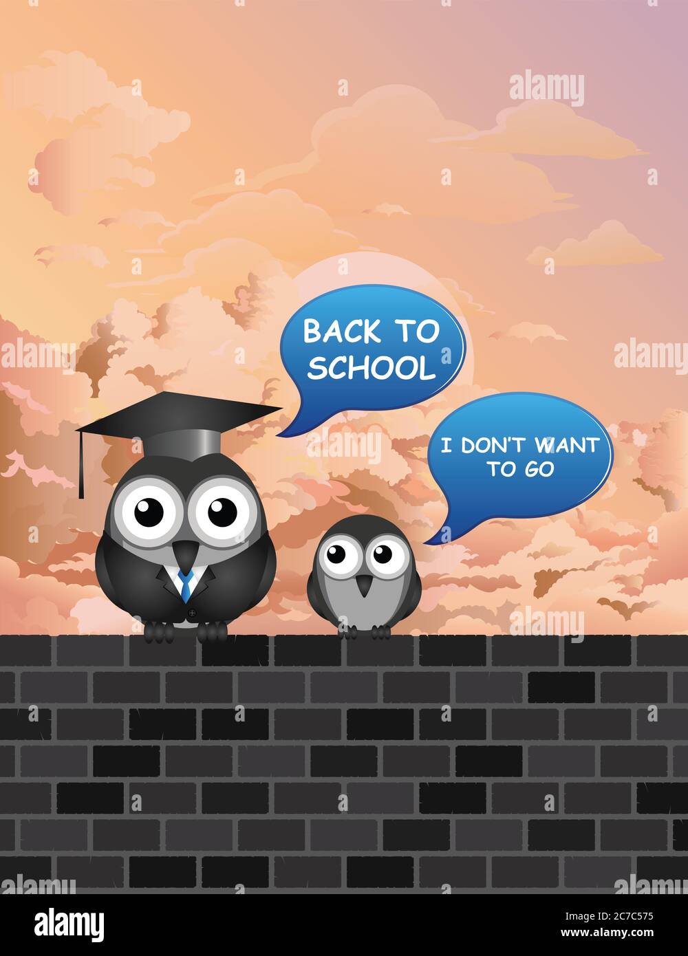 Comical back to school message with teacher and student perched on a ...