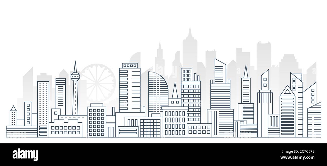 Modern outline line big urban city panorama background with flat color ...
