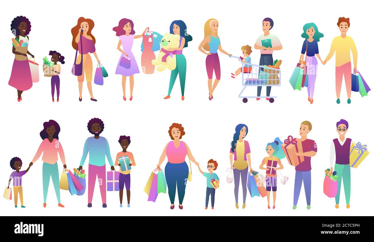 Set of shopping family people isolated vector illustration set Stock ...