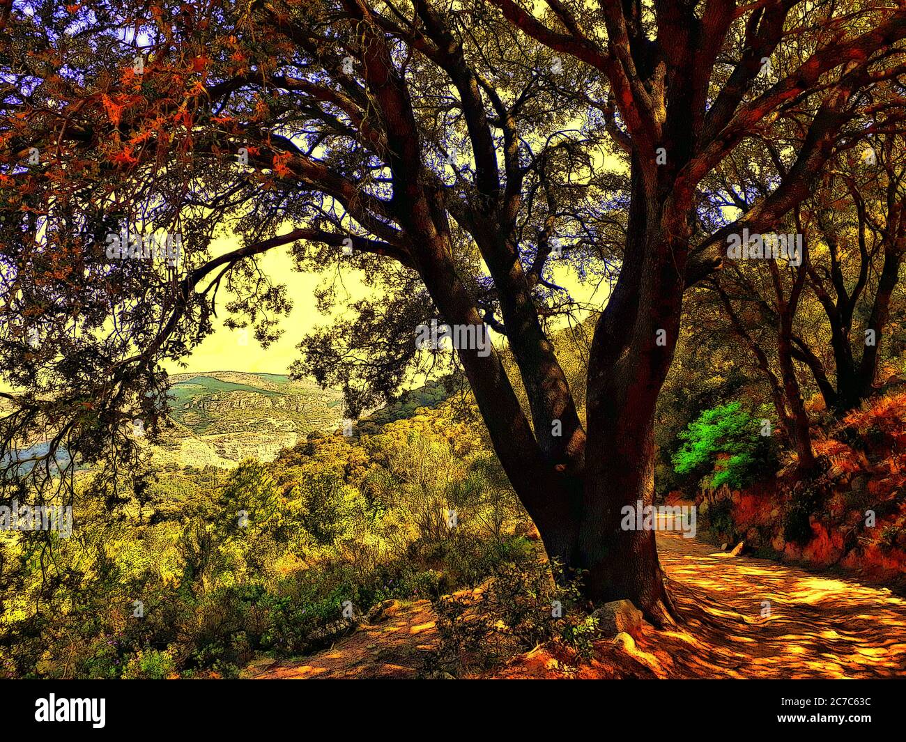 Beautiful illustration of a tree surrounded by grass and plants during ...