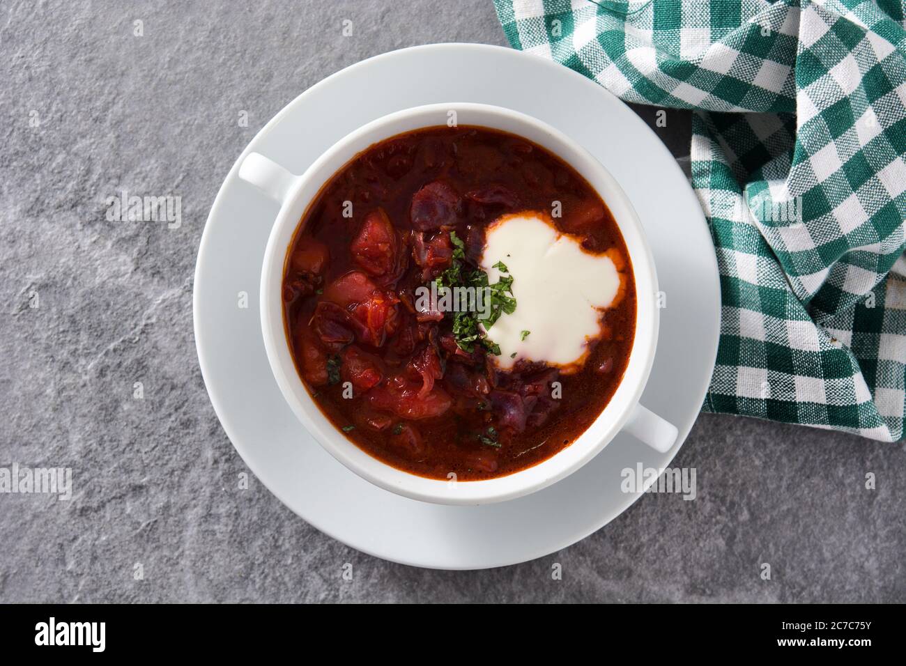 Traditional Ukrainian Russian borsch. Beetroot soup on gray background ...