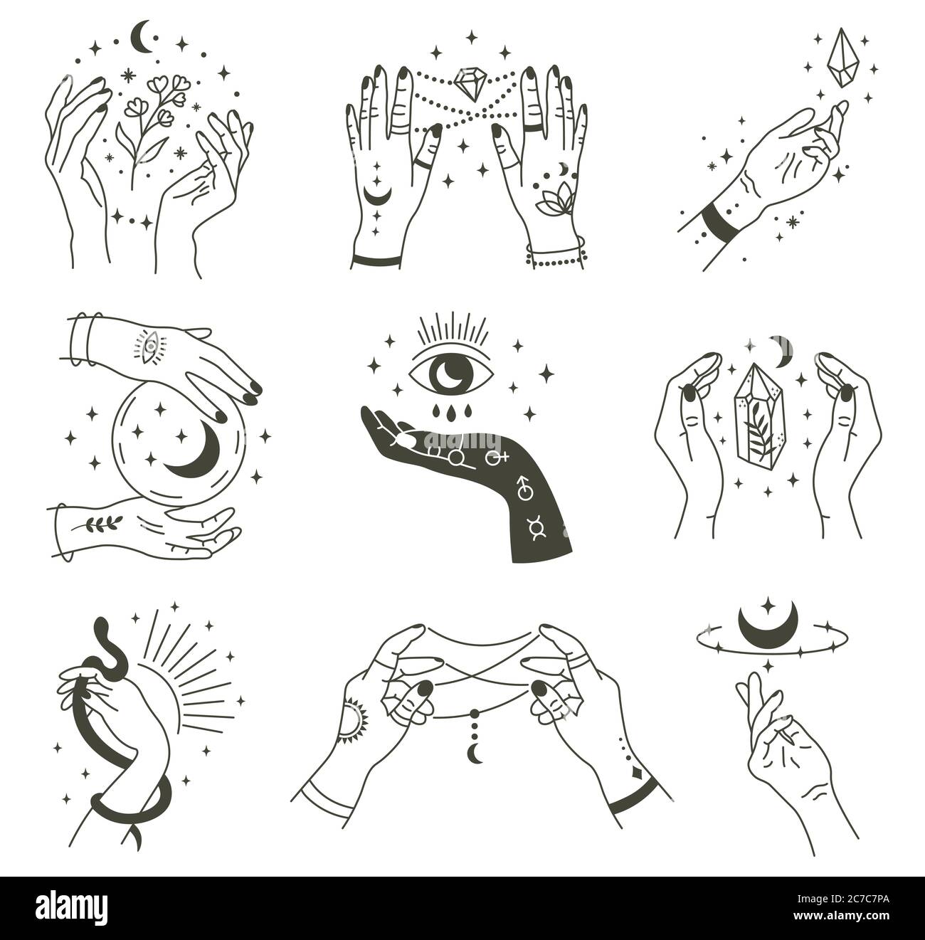 Magical hands. Boho occult magic hand, witch mystical symbol, witchcraft hand drawn arms with ...