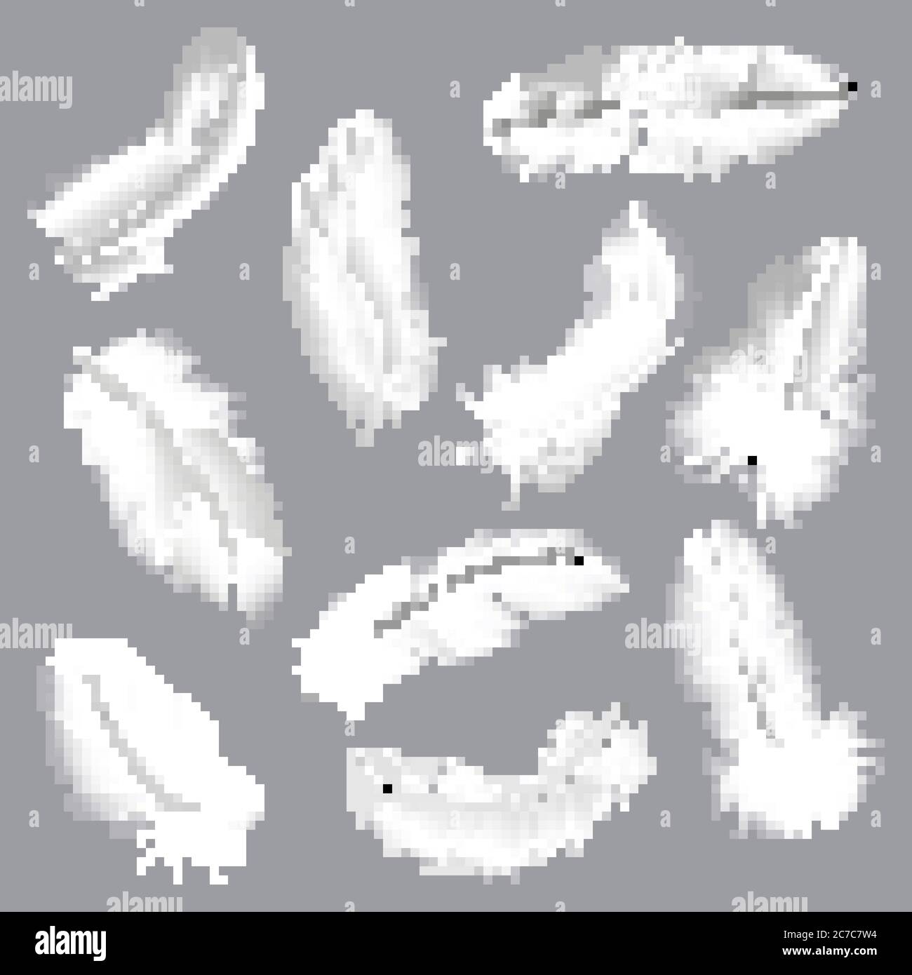 Realistic feathers. Fluffy white twirled feathers, bird wing falling ...
