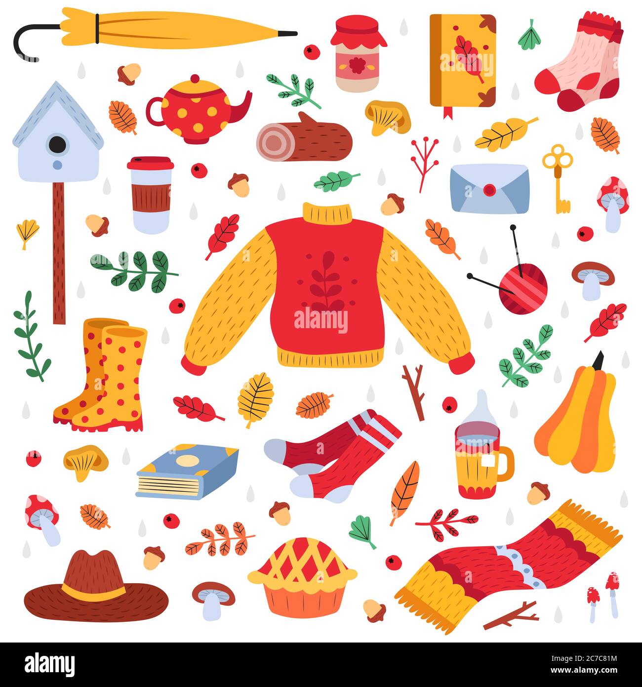 Hand drawn autumn symbols. Fall leaves, forest plants, cozy food, warm ...