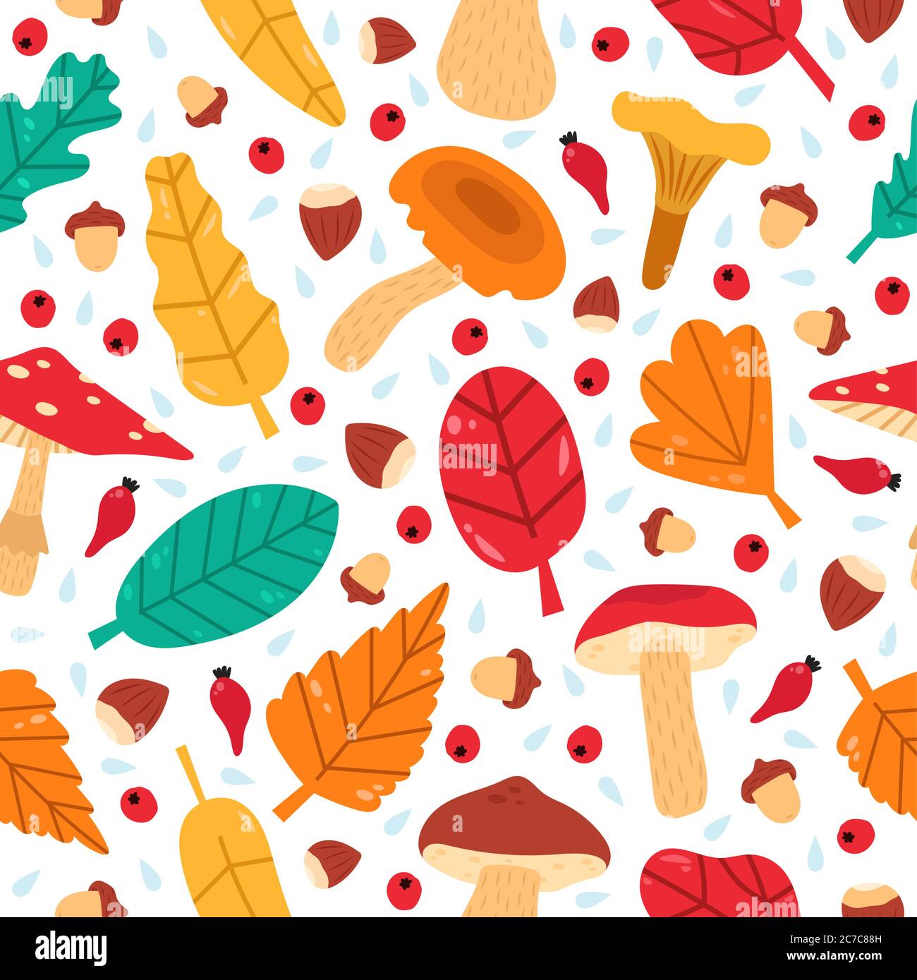 Fall leaves seamless pattern. Hand drawn forest autumn berries, acorns ...