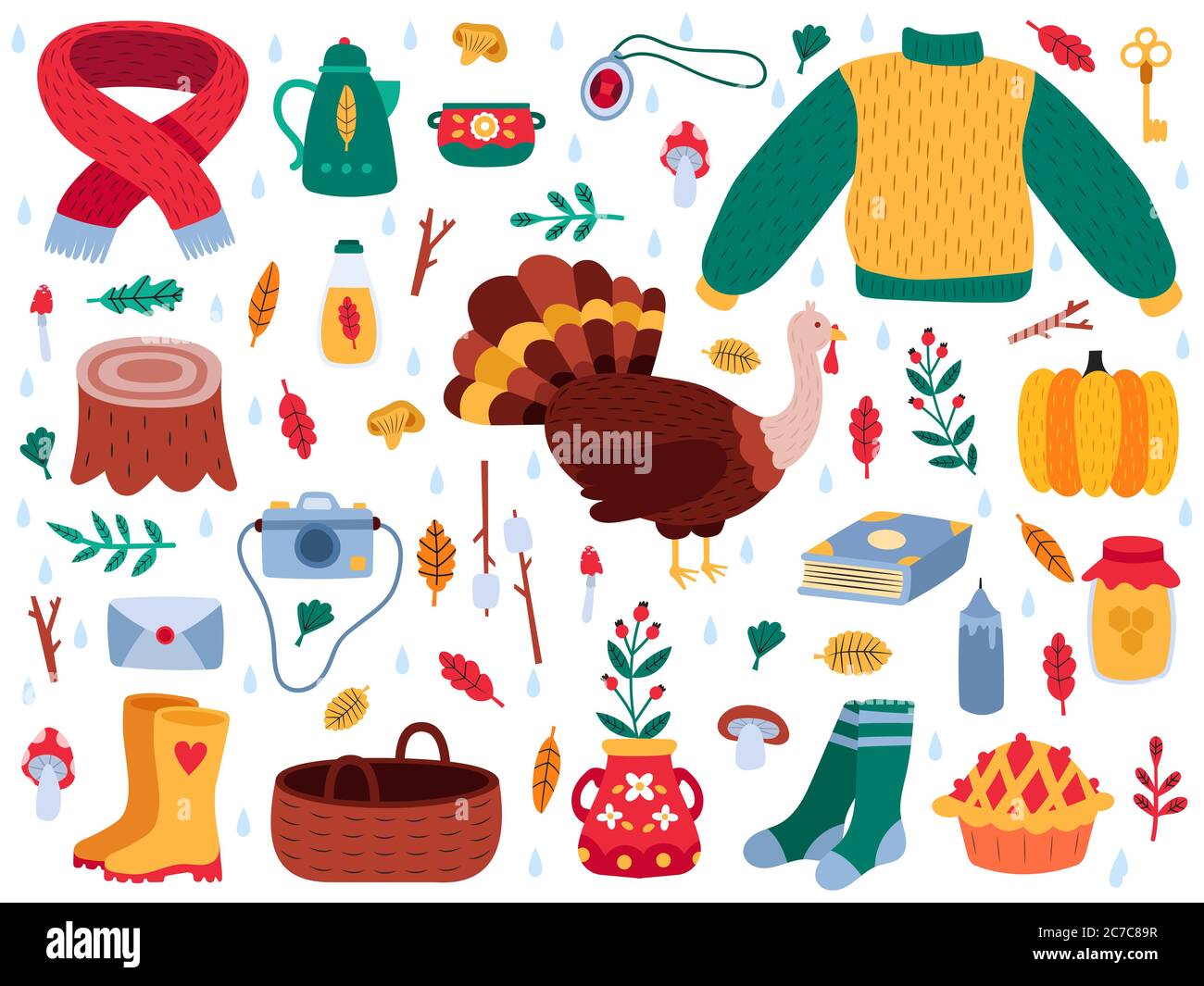 Autumn elements. Fall cartoon hygge cozy sweater, boots, autumn leaves ...