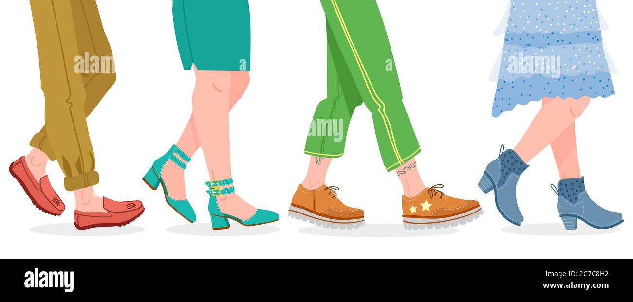 Walking boots. People walking in modern shoes, man and woman feet in ...