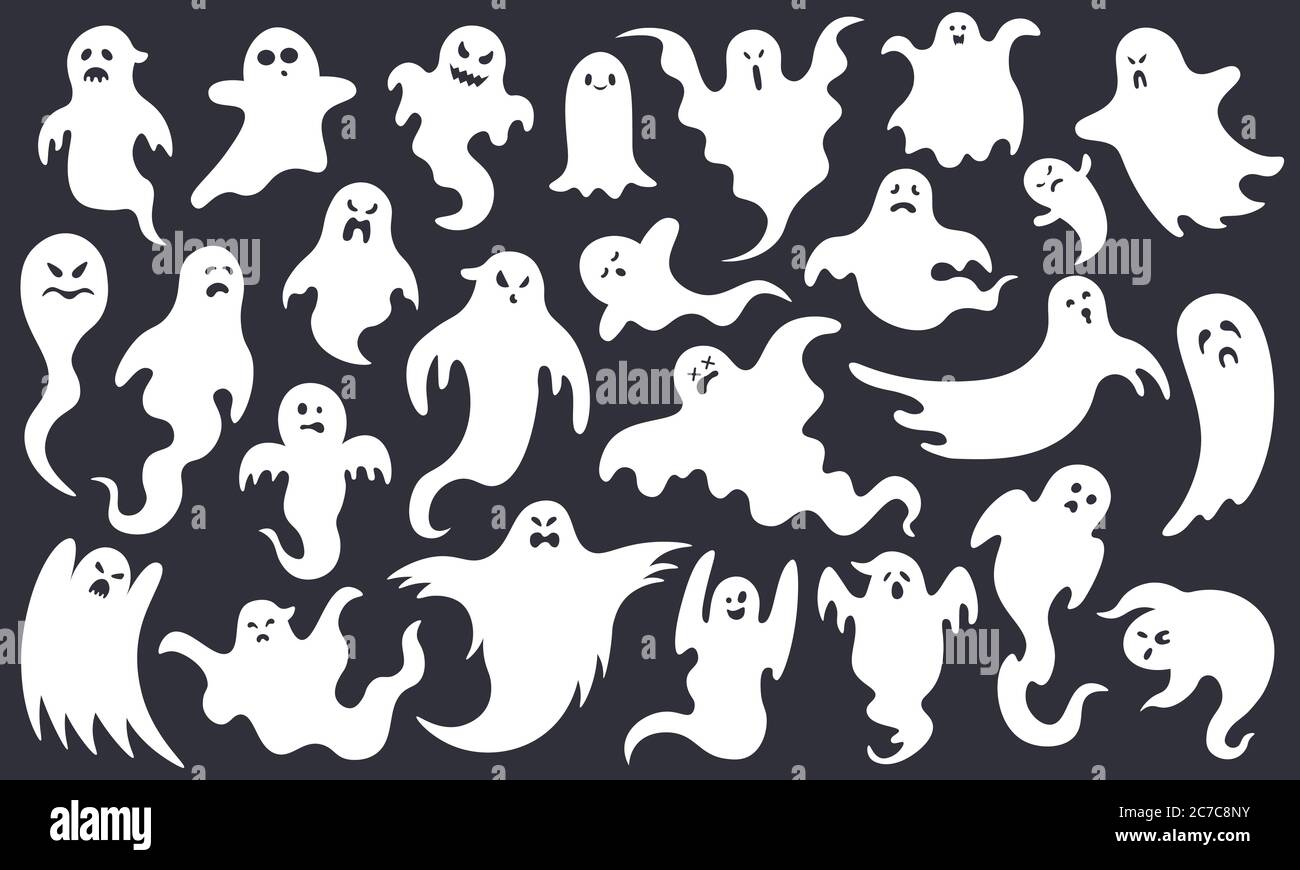 Spooky halloween ghost. Scary ghost characters, fly funny spook, cute ...