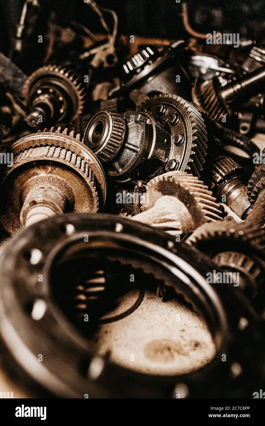 Vertical shot of grey, metallic gears, and car parts Stock Photo - Alamy