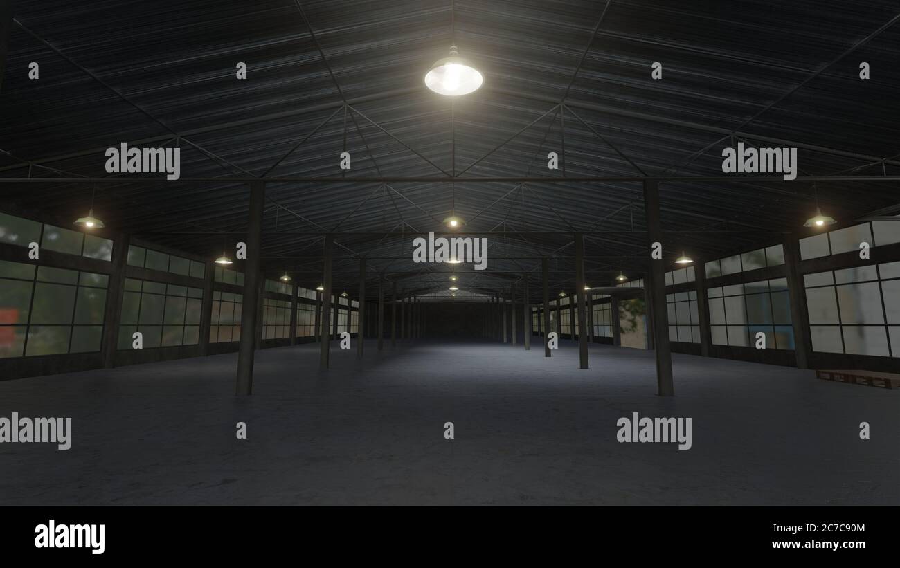 Empty factory building, dark warehouse with lamps. 3D rendering image ...