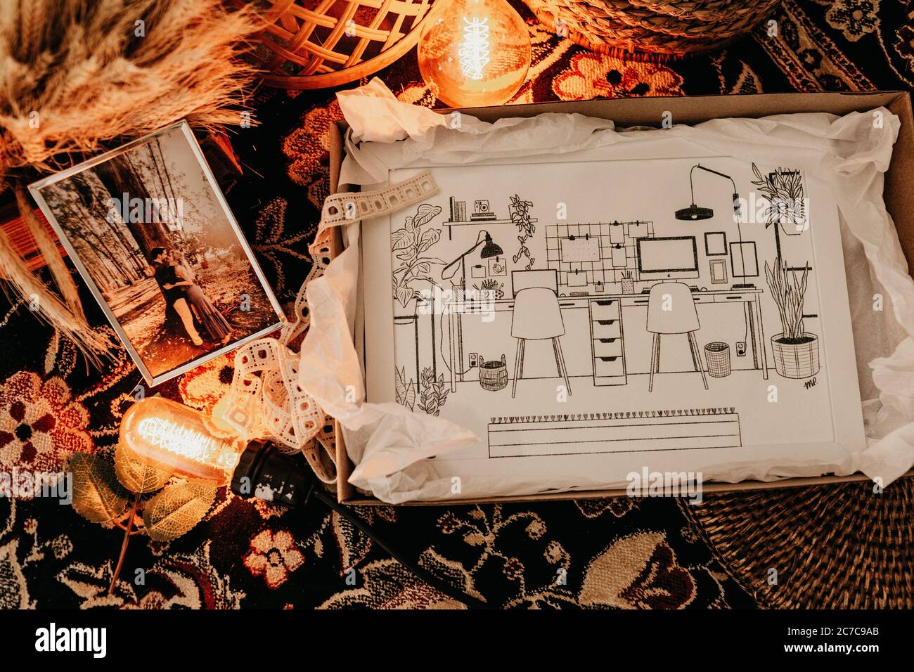 Closeup shot of a box with an interior illustration inside, a photo of ...