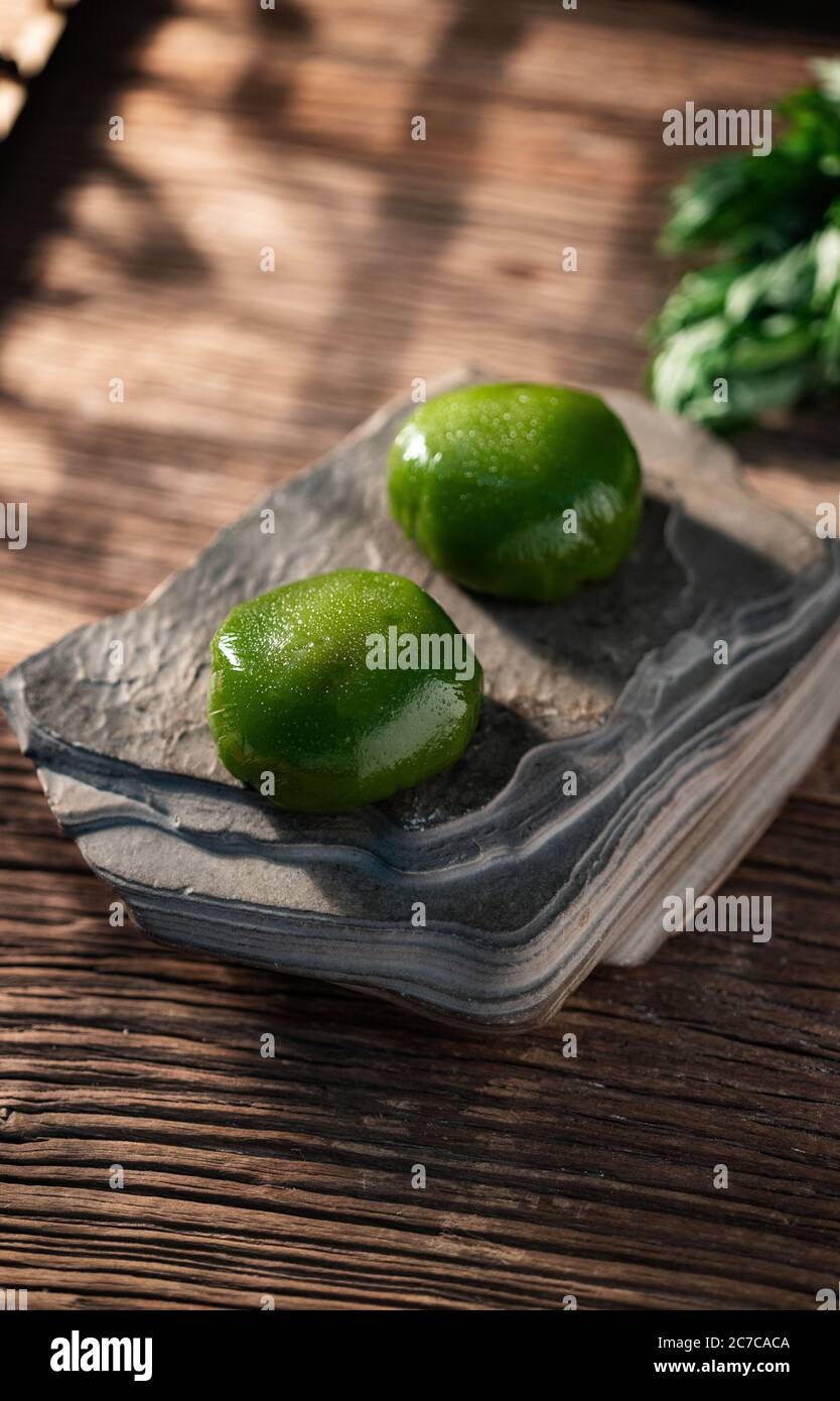 Wooden table rock plate group Stock Photo - Alamy