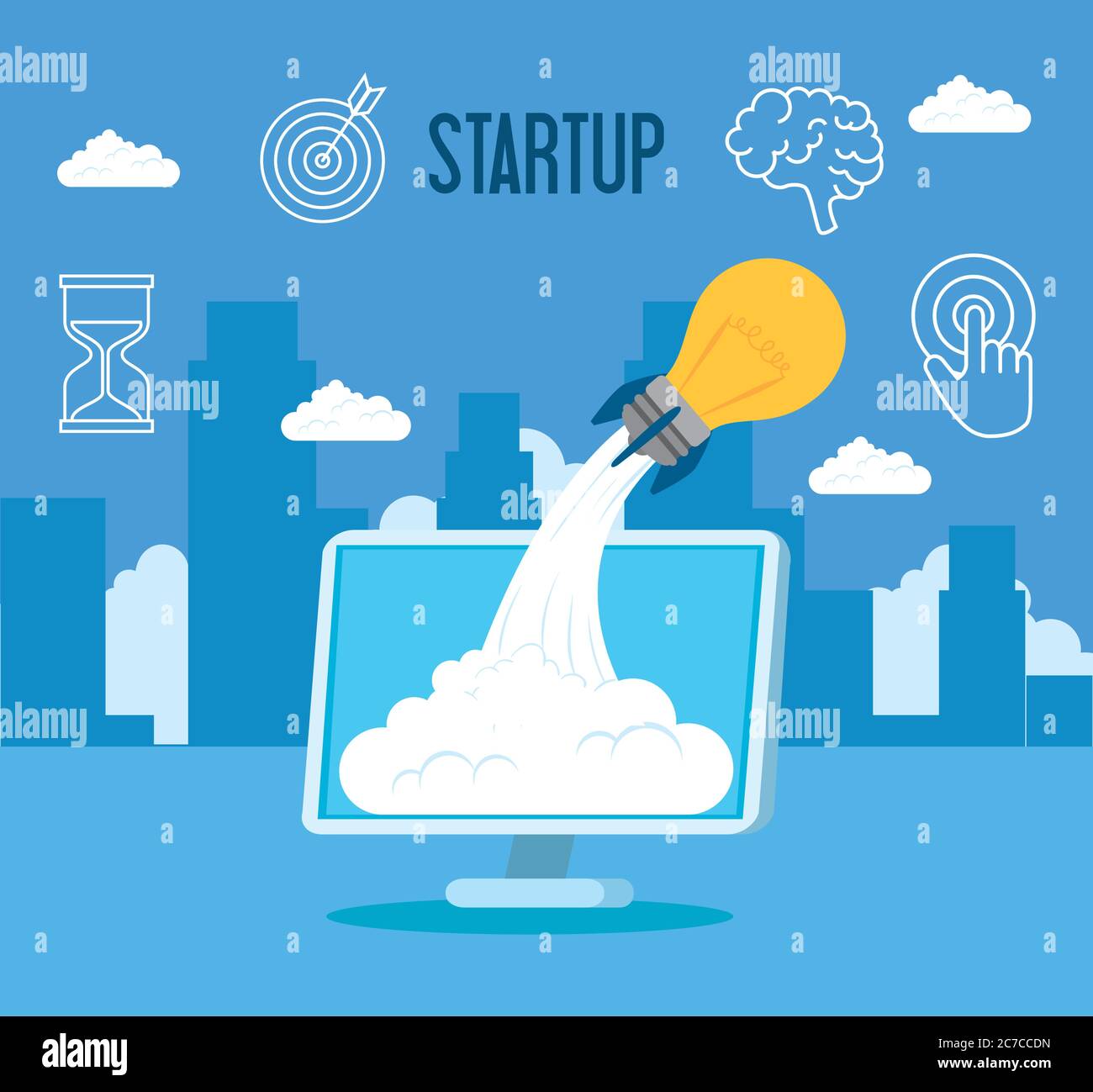 computer with start up light bulb rocket vector design Stock Vector ...