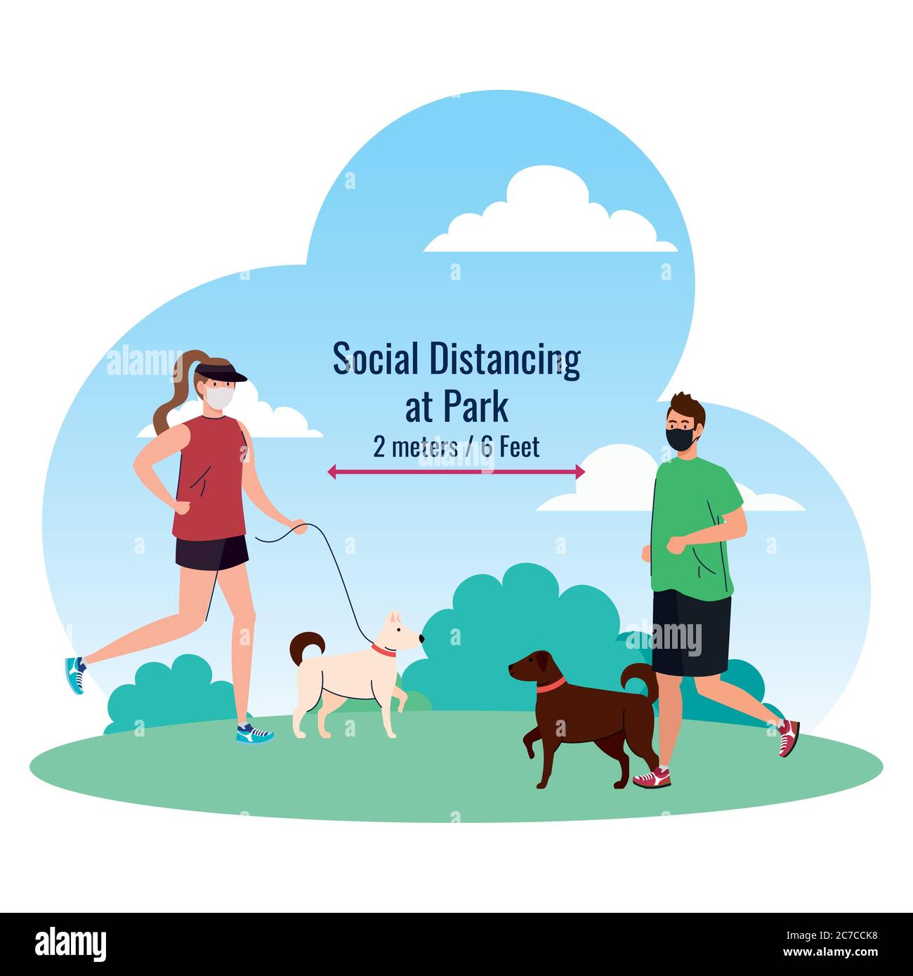 Social distancing between man and woman with masks running with dogs at ...