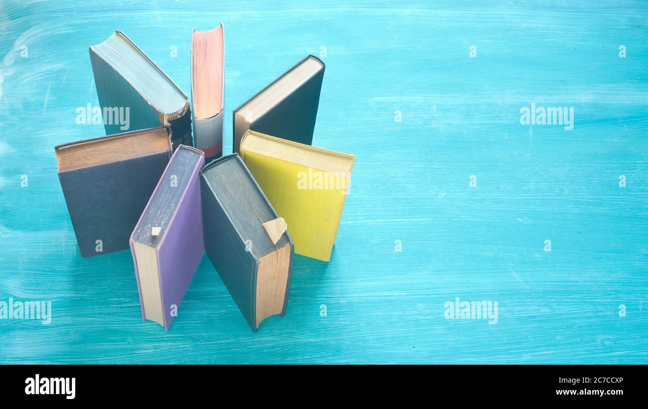 Arrangement of old books, flat lay, free copy space Stock Photo - Alamy