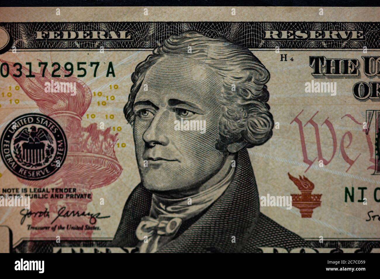 Selective focus on detail of 10 dollars banknote. Close up macro detail ...