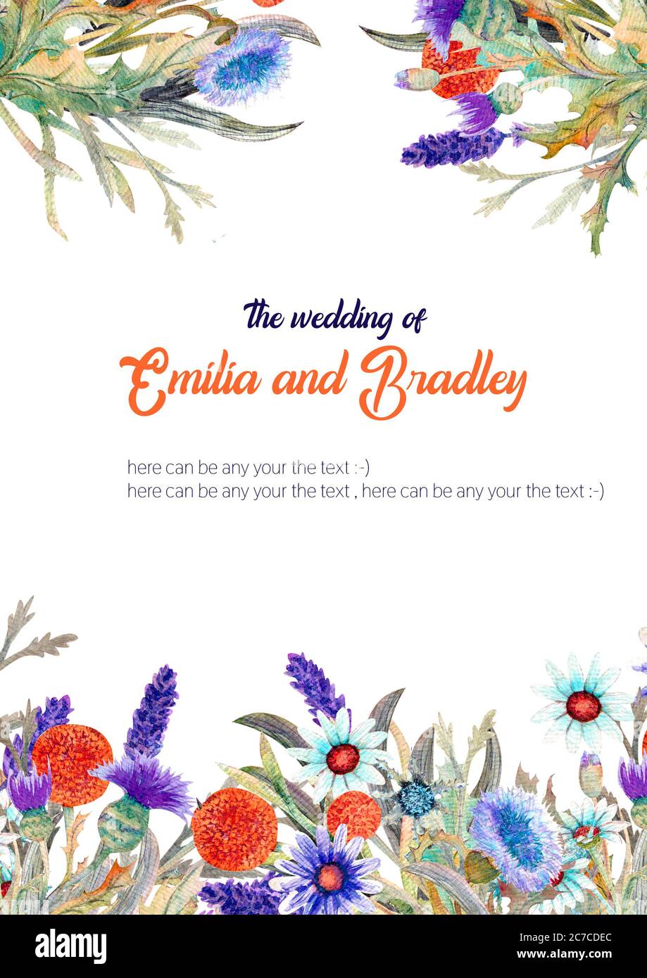 Wedding vertical frame of wild flowers. Watercolor. Flower arrangement ...