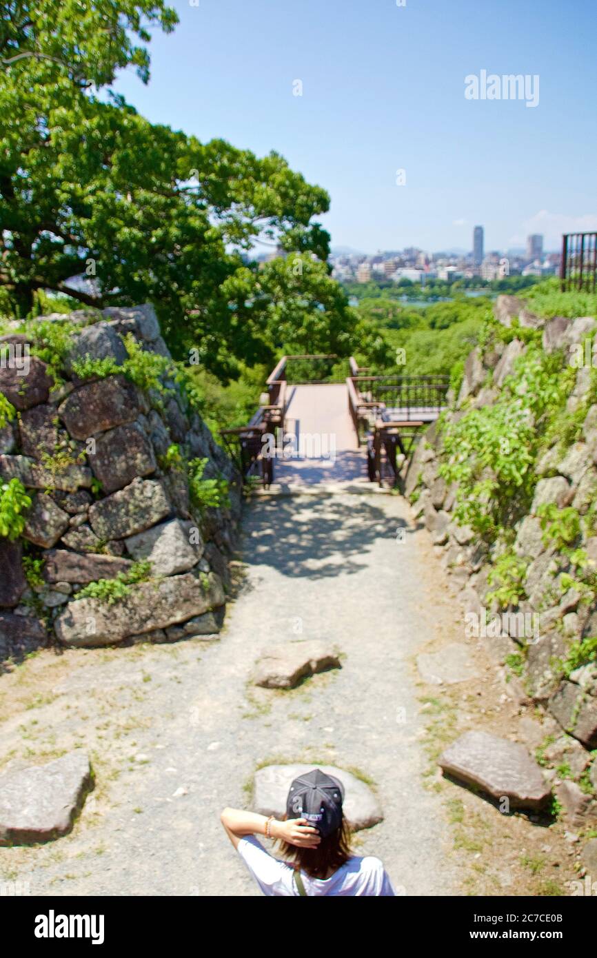 Vertical shot of a park with stone walls and trees with a person ...