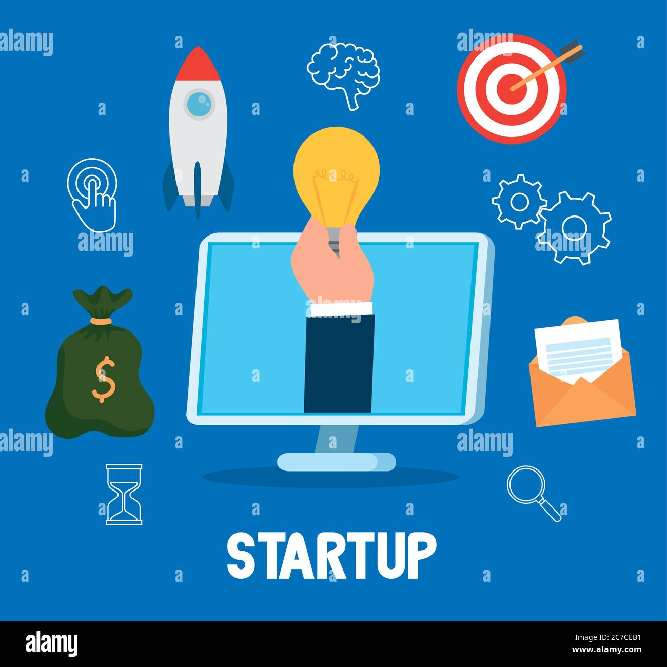 hand holding light bulb in computer with start up icon set vector ...