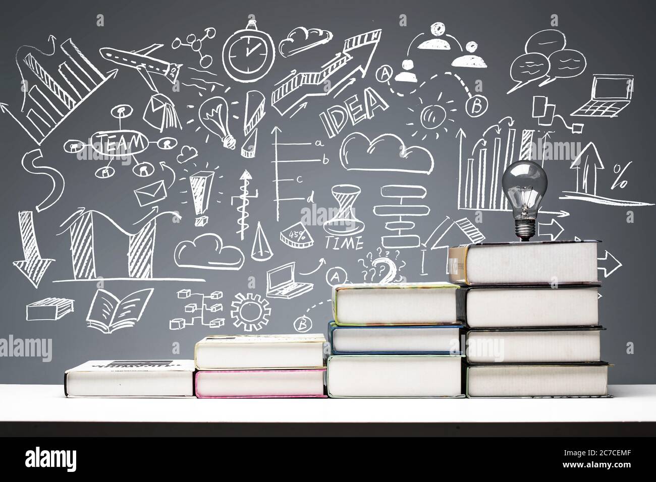 Tables in front of the blackboard drawing with textbooks from low to ...