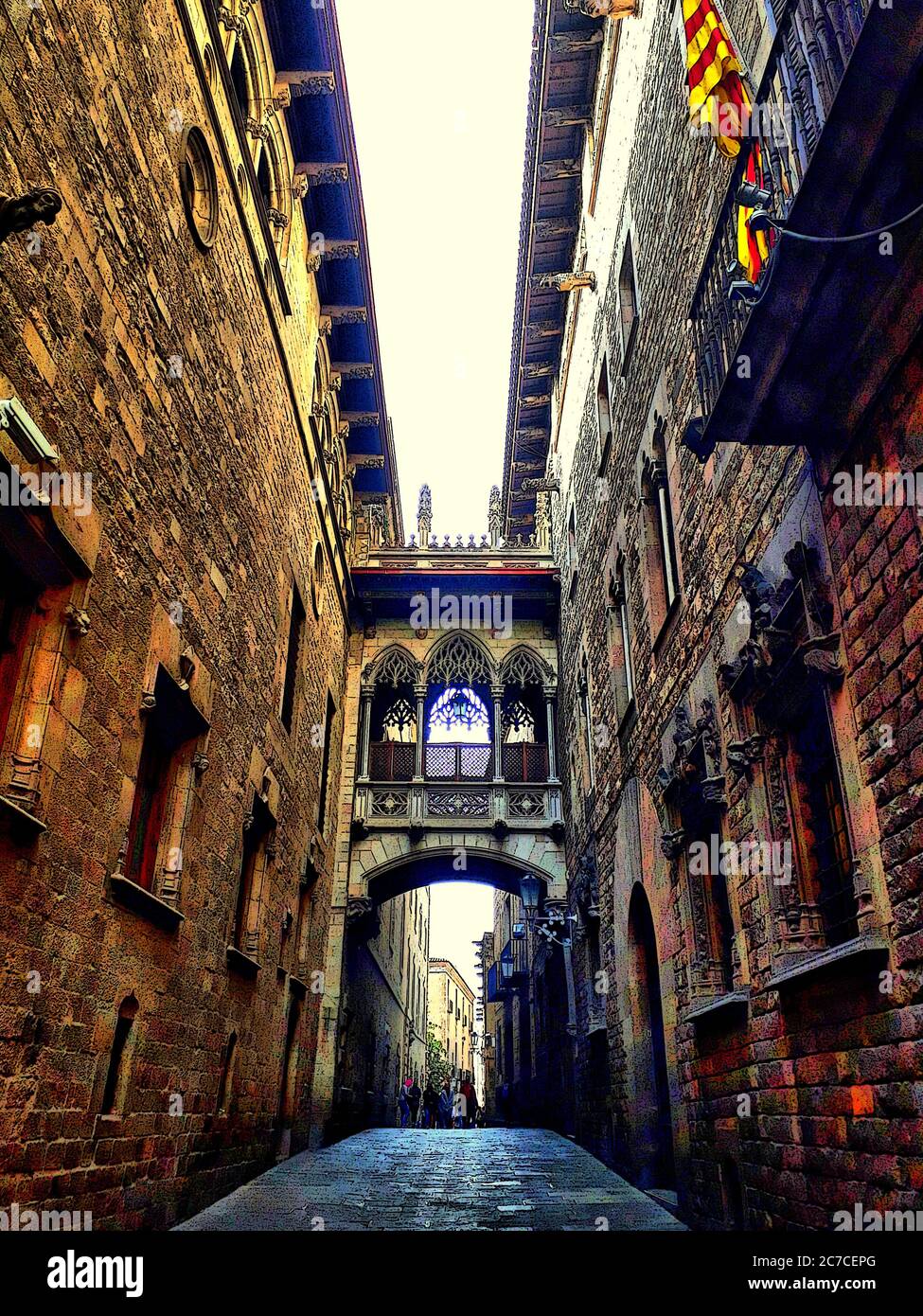 an illustration of a narrow pathway through a small arch balcony in the ...