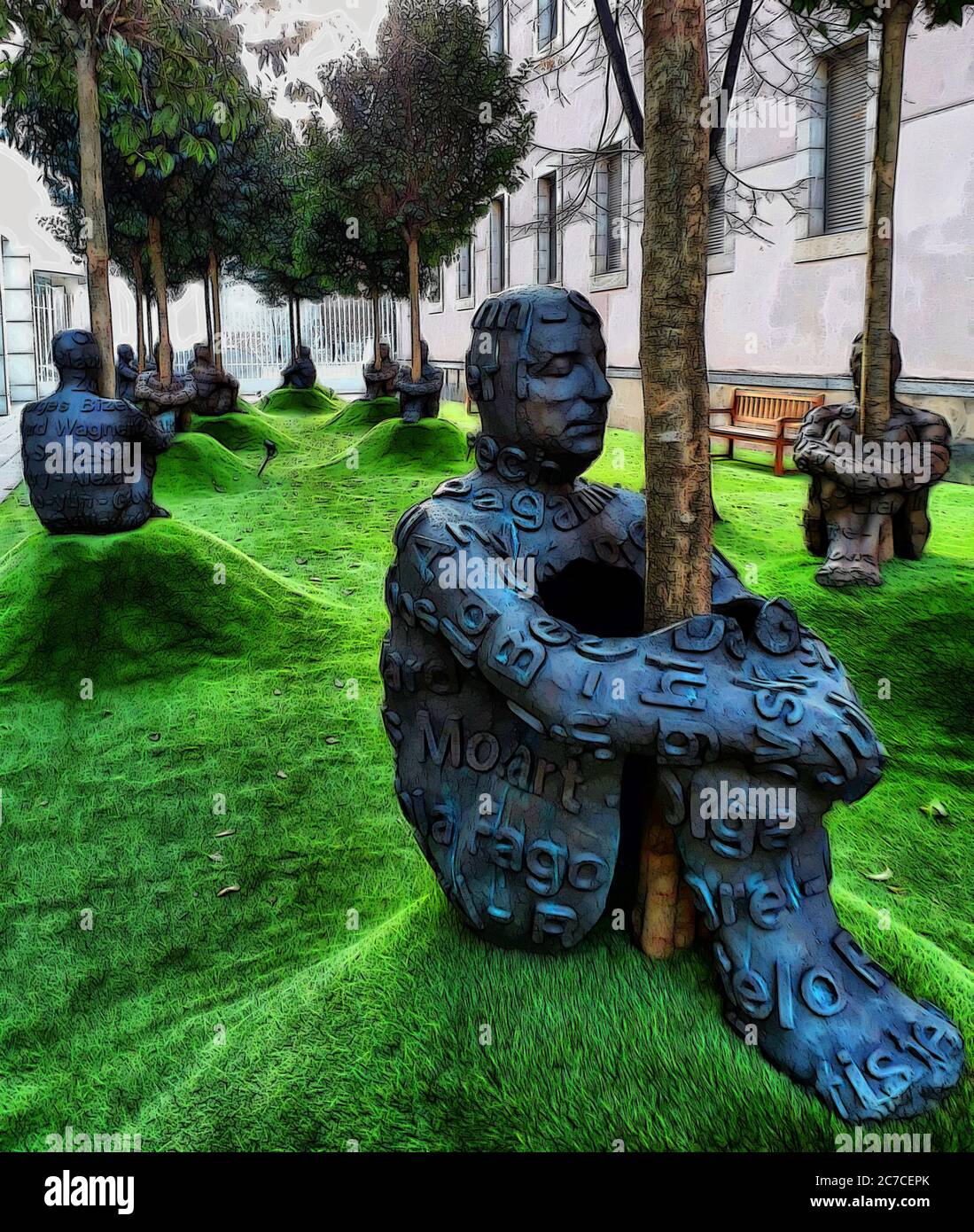 Vertical shot of an illustration of gray human statues hugging tree ...