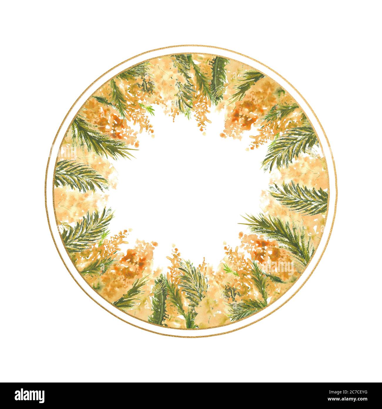 Round frame with Mimosa branches on the inner edge on a white isolated ...