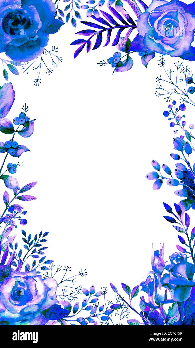 Frame framed with blue rose flowers. Flower poster, invitation ...