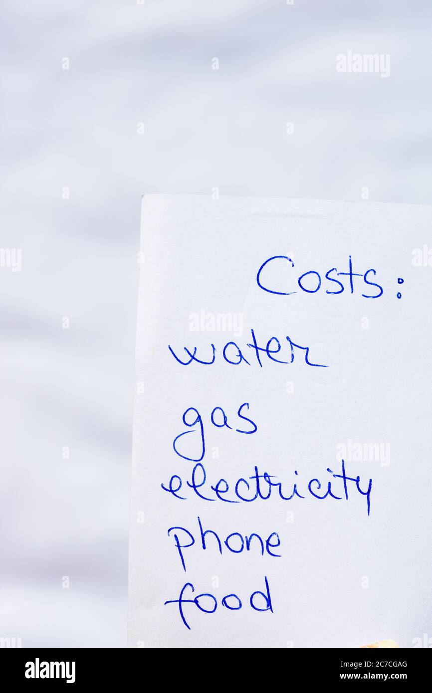 Costs handwriting text close up isolated on white paper with copy space ...