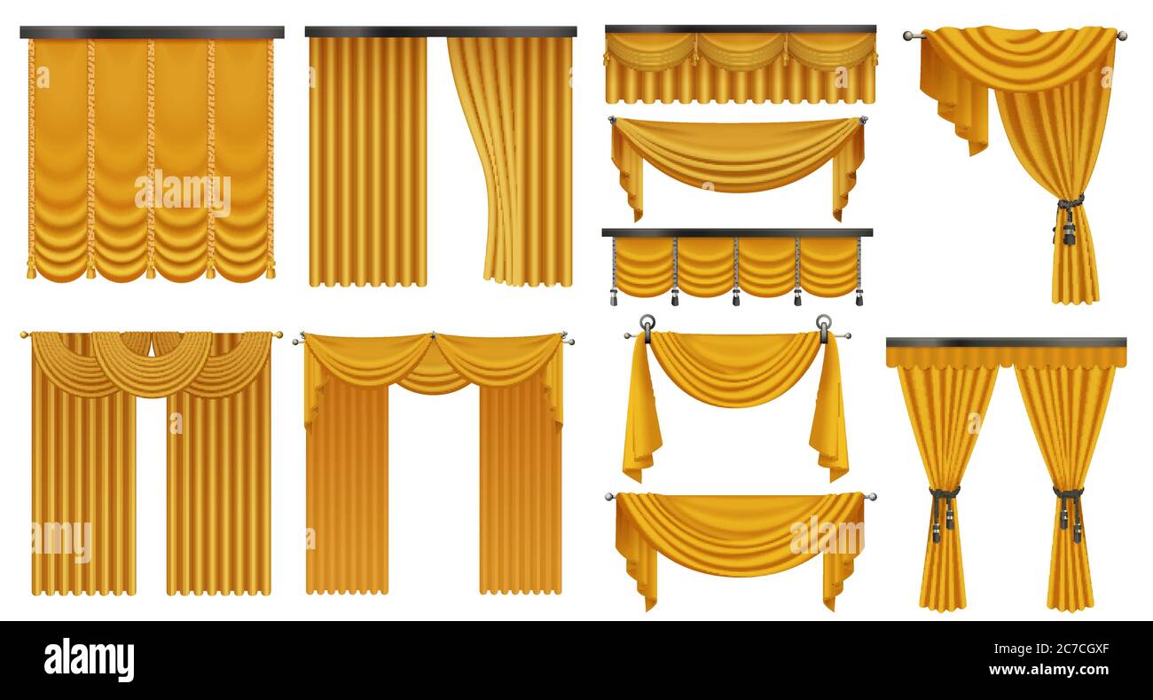 Golden luxury Curtains and draperies interior decoration set isolated ...