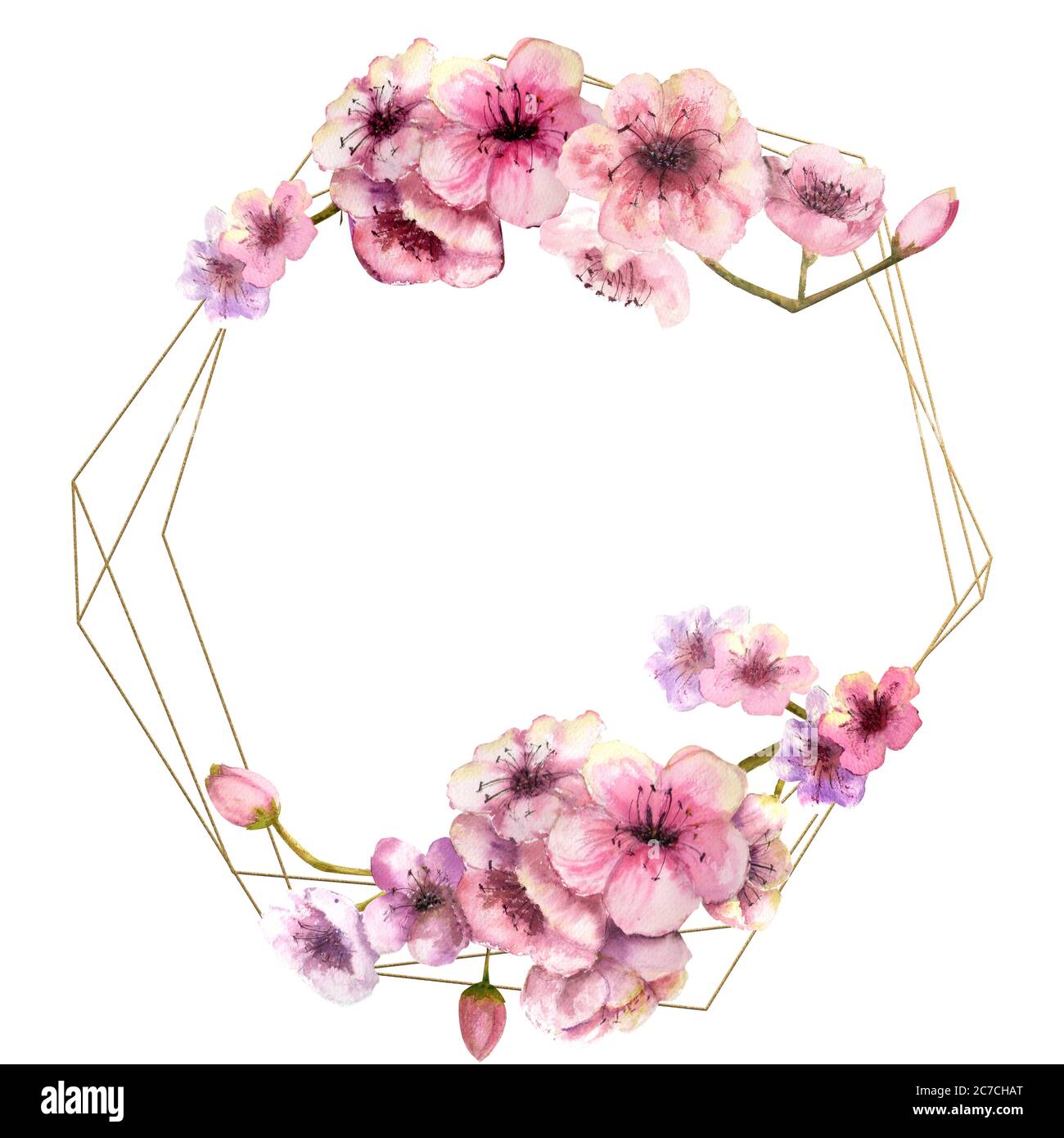 Cherry blossom, Sakura Branch with pink flowers on gold frame and ...