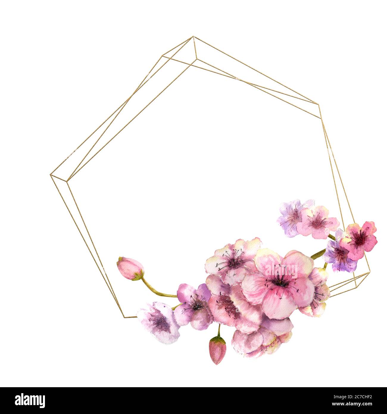 Cherry blossom, Sakura Branch with pink flowers on gold frame and ...