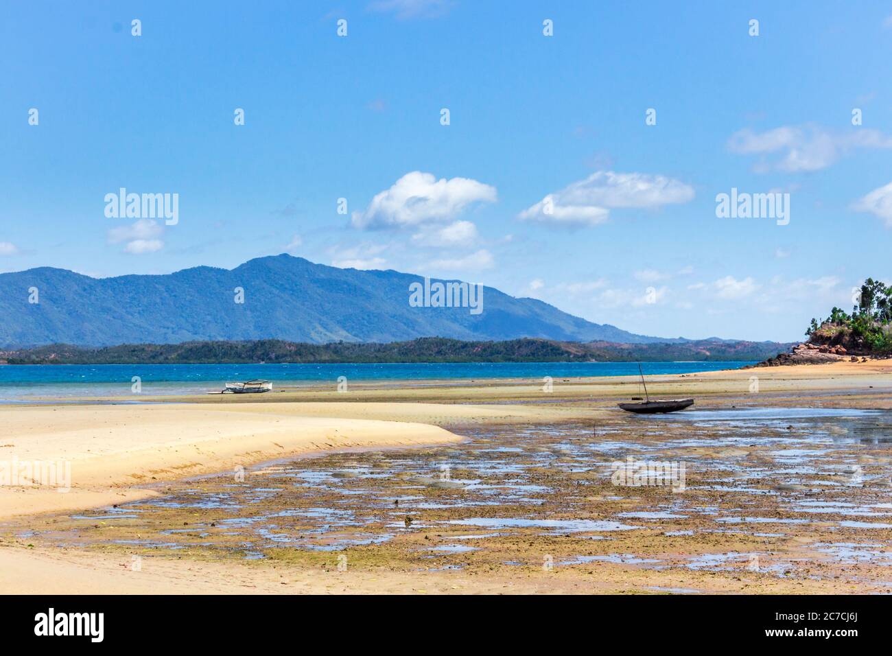 View of a Madagascar Island coastline lined with palm trees and boats ...