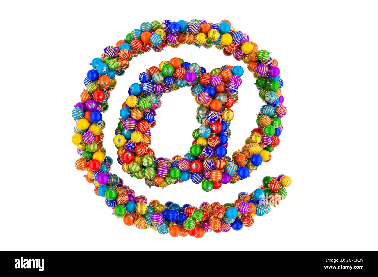 E-mail, at sign from colored Christmas balls. 3D rendering isolated on ...