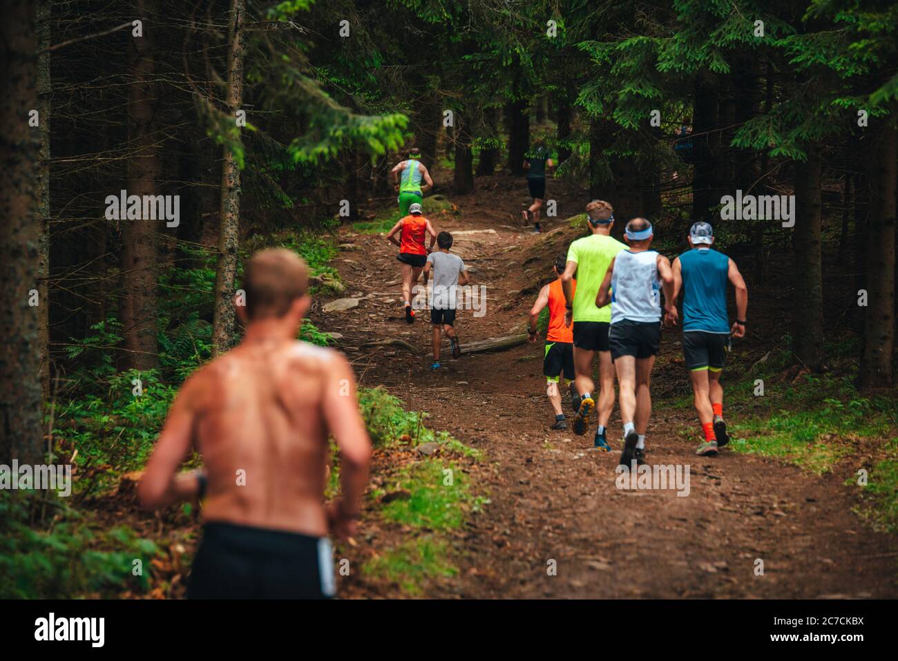 Trail running race, athletes run in the forest. Up hill vertical race ...