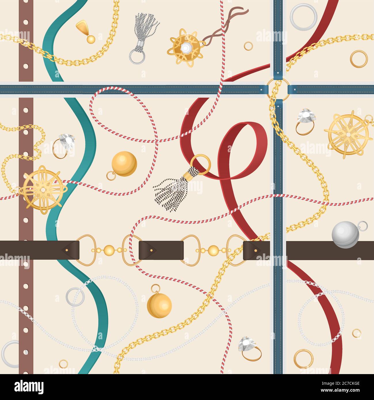 Seamless pattern with belts, golden chain and rings for fabric design ...