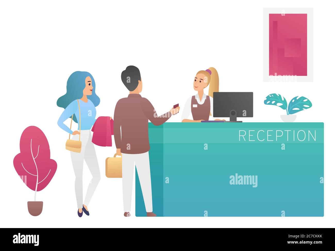 Pair of tourists travellers standing at reception desk and talking to ...