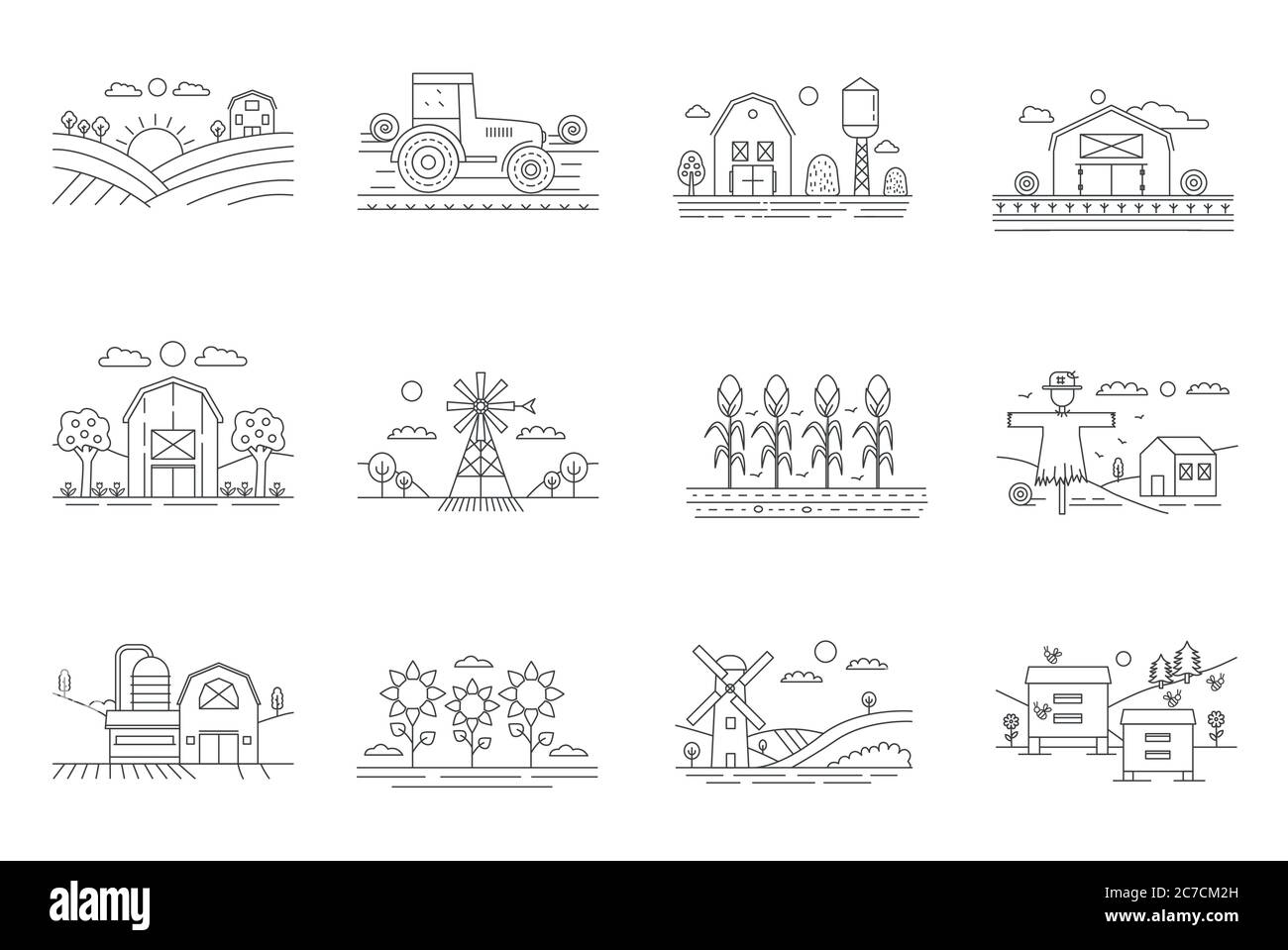 Farm and farming fields thin line icons isolated. Agriculture and ...