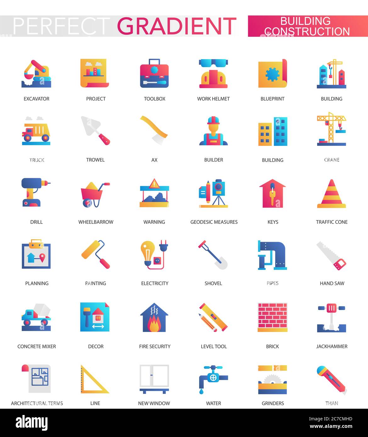 Vector set of trendy flat gradient Building, architect, working tools ...