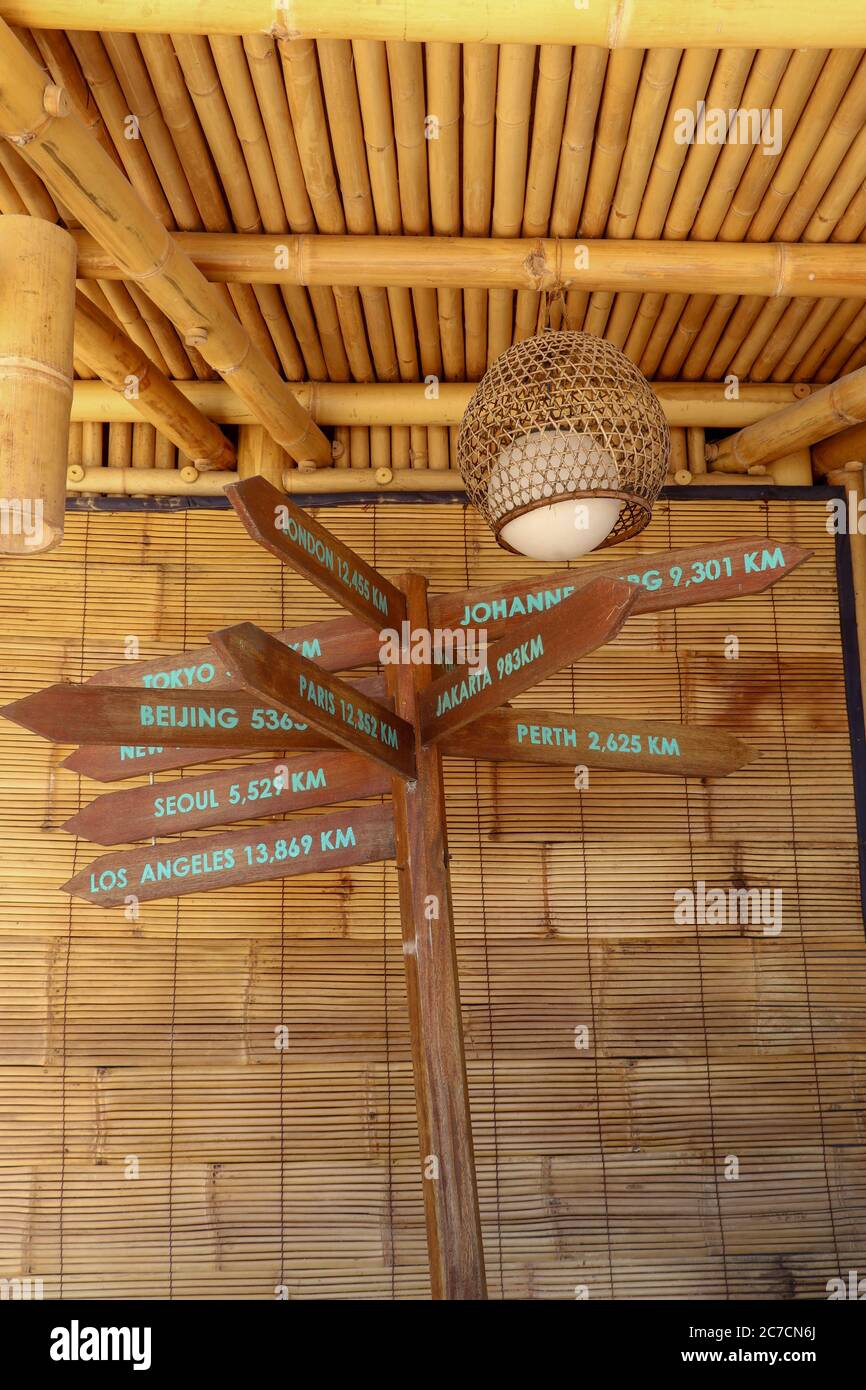 Pillar with direction to different capitals of the world indicated in a ...