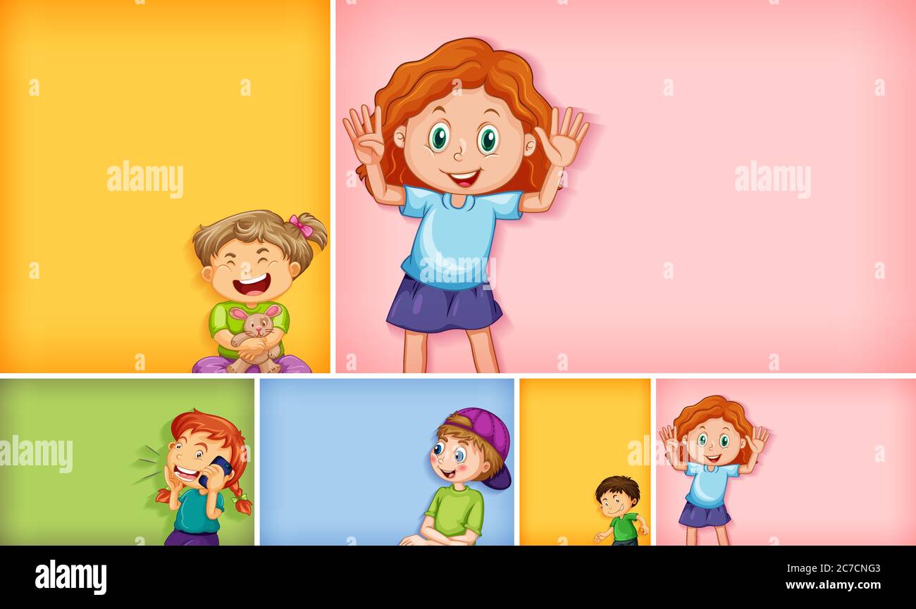 Set of different kid characters on different color background illustration Stock Vector Image ...