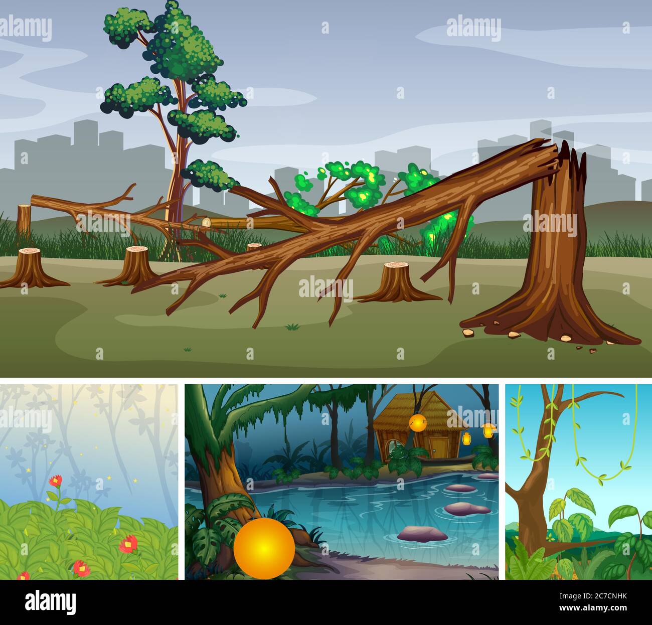 Four different nature disasters scene of forest cartoon style ...