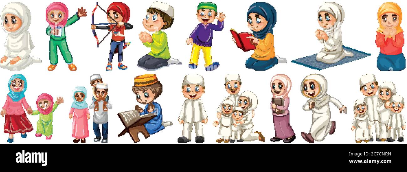 Set of different muslim people cartoon character isolated on white ...