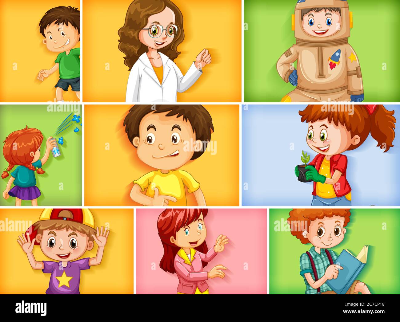 Set of different kid characters on different color background ...