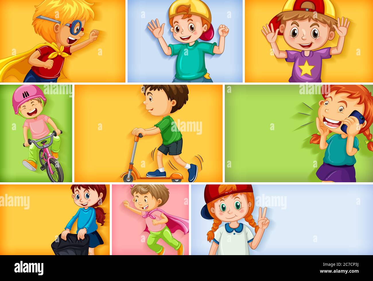 Set of different kid characters on different color background ...