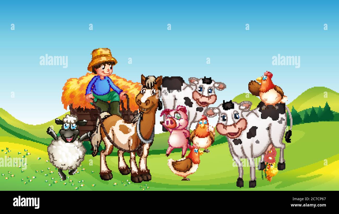 Farm scene with animal farm cartoon style illustration Stock Vector ...