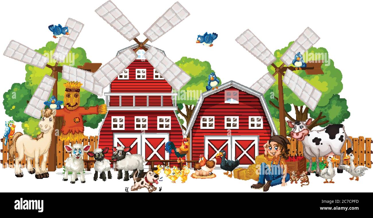 Windmill with animal farm set isolated illustration Stock Vector Image ...