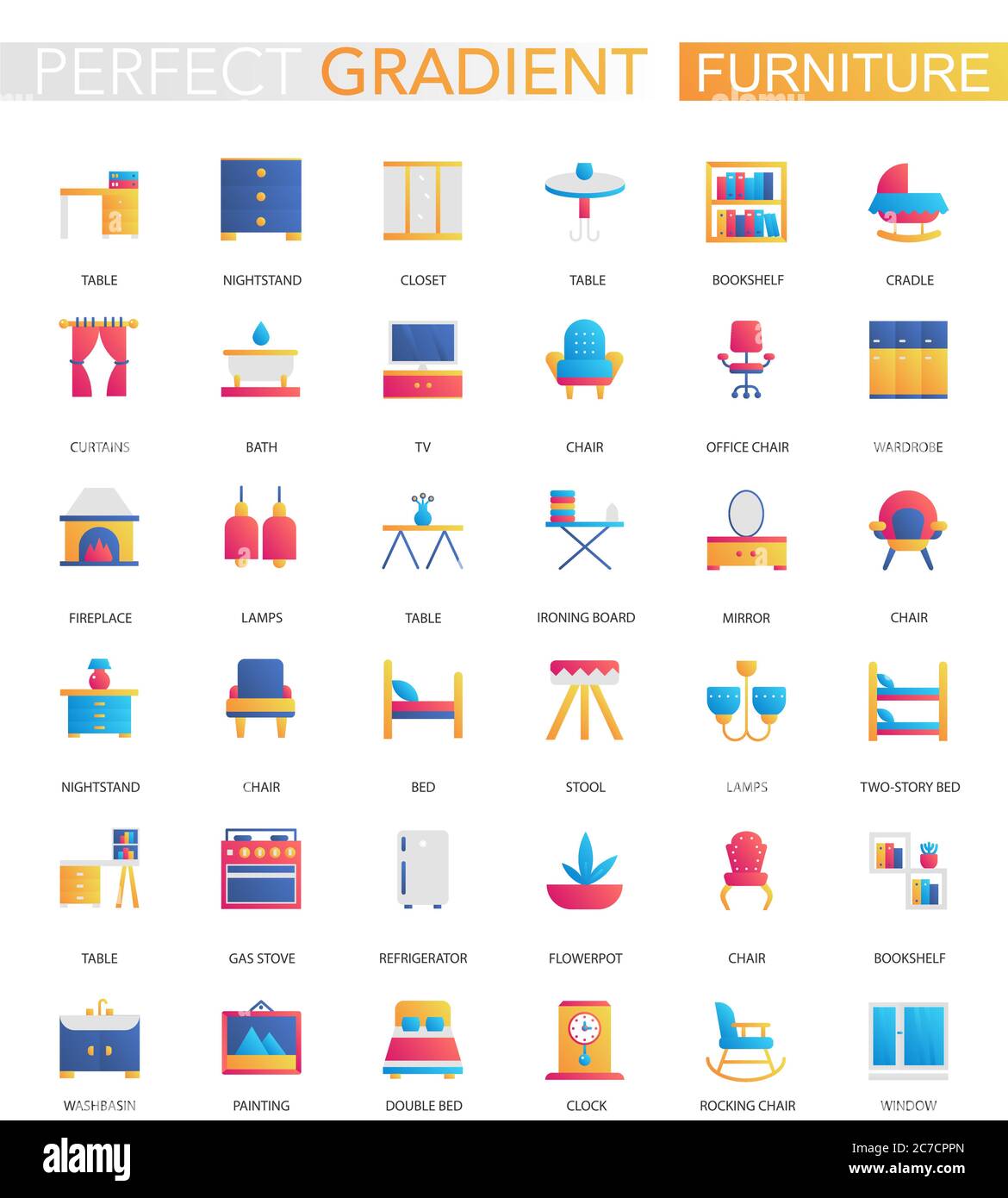 Vector set of trendy flat gradient interior furniture icons Stock ...